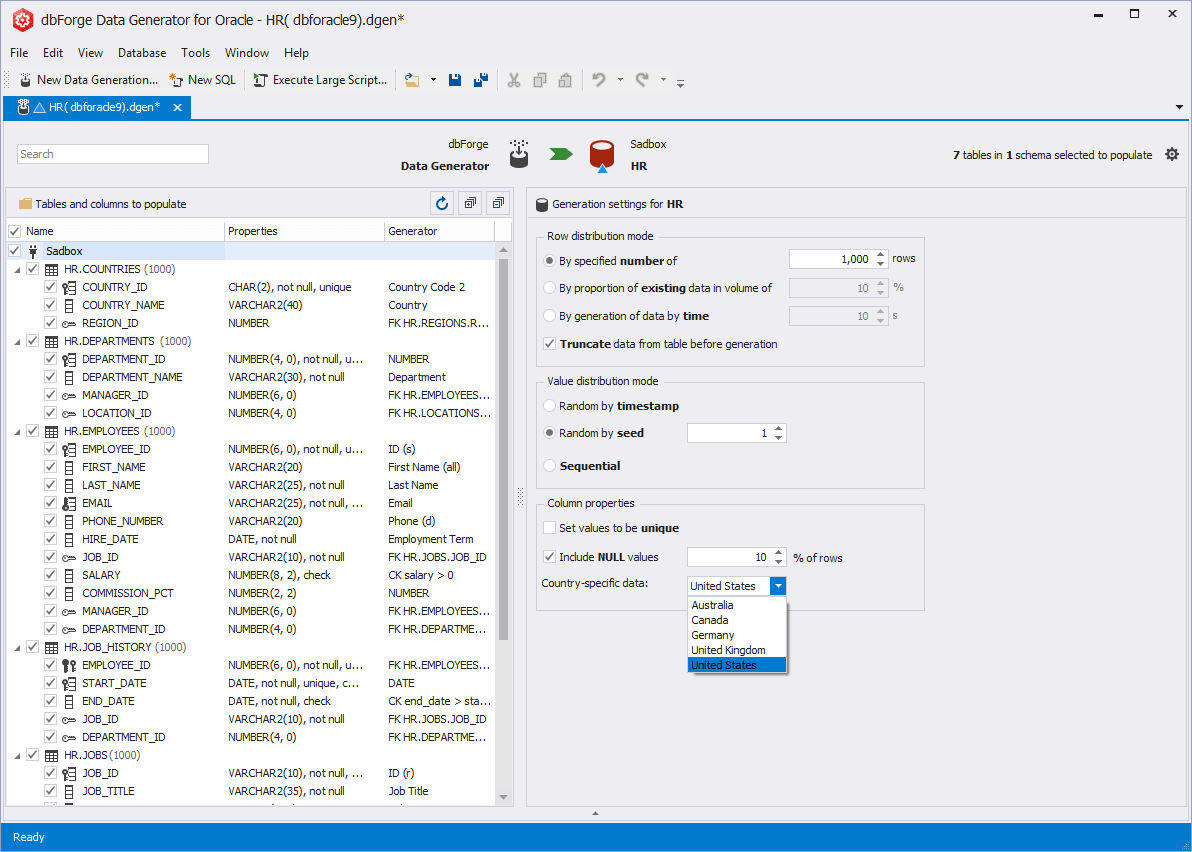 dbForge Data Generator for Oracle