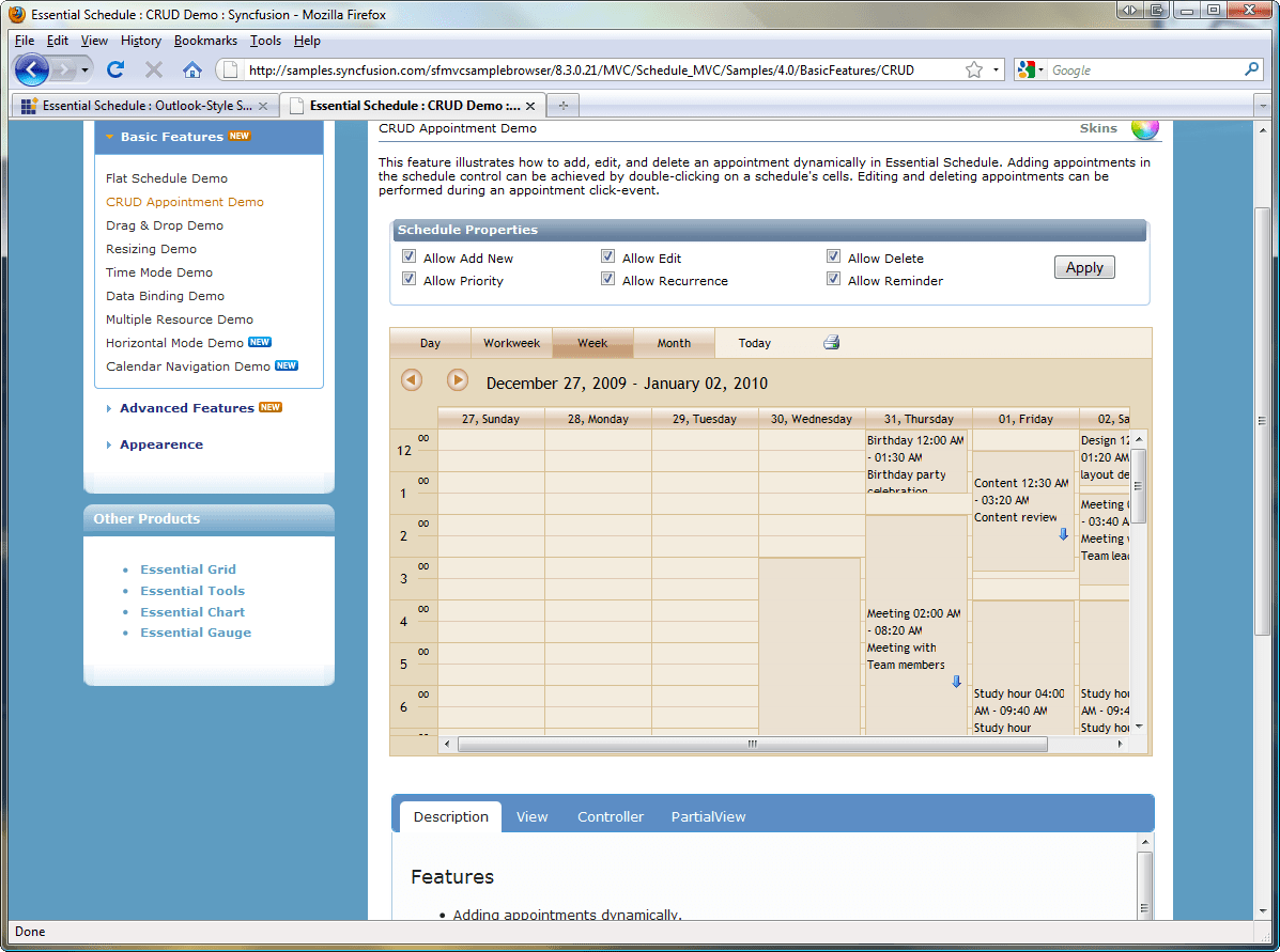 Syncfusion Essential Schedule For Aspnet Mvc