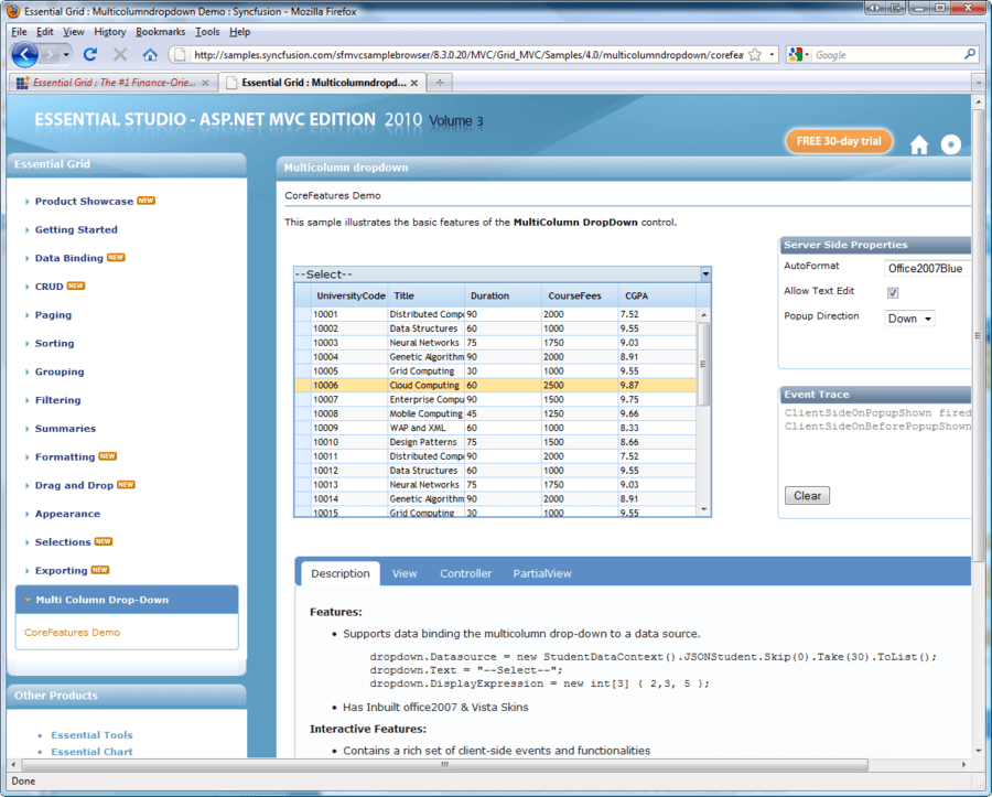 Syncfusion Essential Grid for ASP.NET MVC