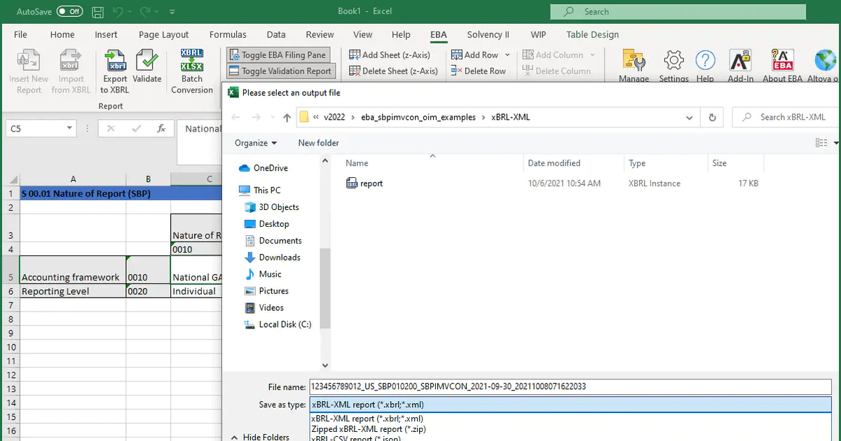 Altova European Banking Authority (EBA) XBRL add-in for Excel 2022