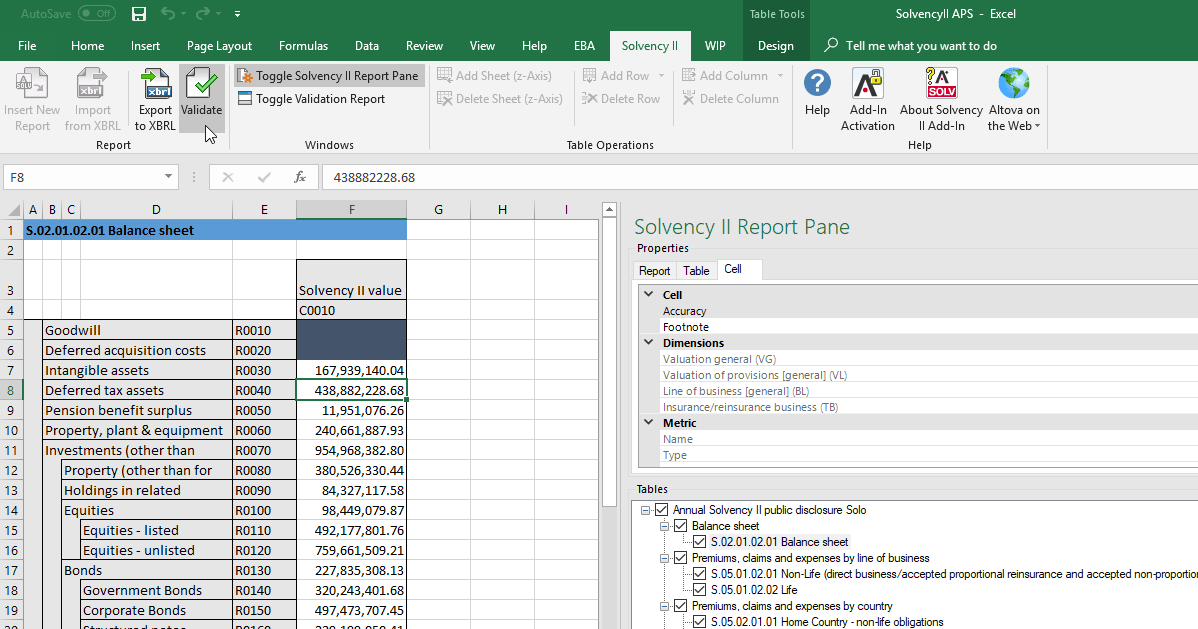 Altova Solvency II XBRL add-in for Excel 2022