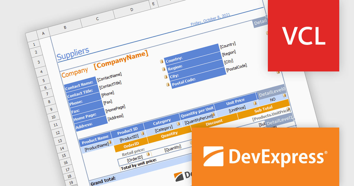 データ対応のVCLスプレッドシートレポートを生成