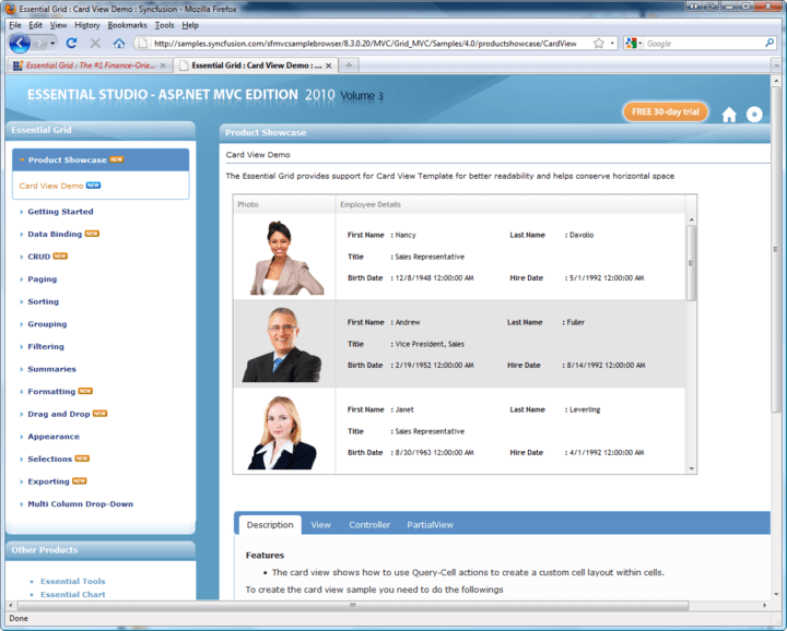 Syncfusion Essential Grid for ASP.NET MVC